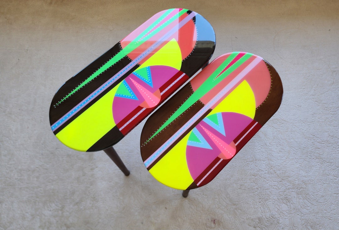 Oval Yellow Pink Resin Side Tables, Colorful Painted Wood Art Coffee ...