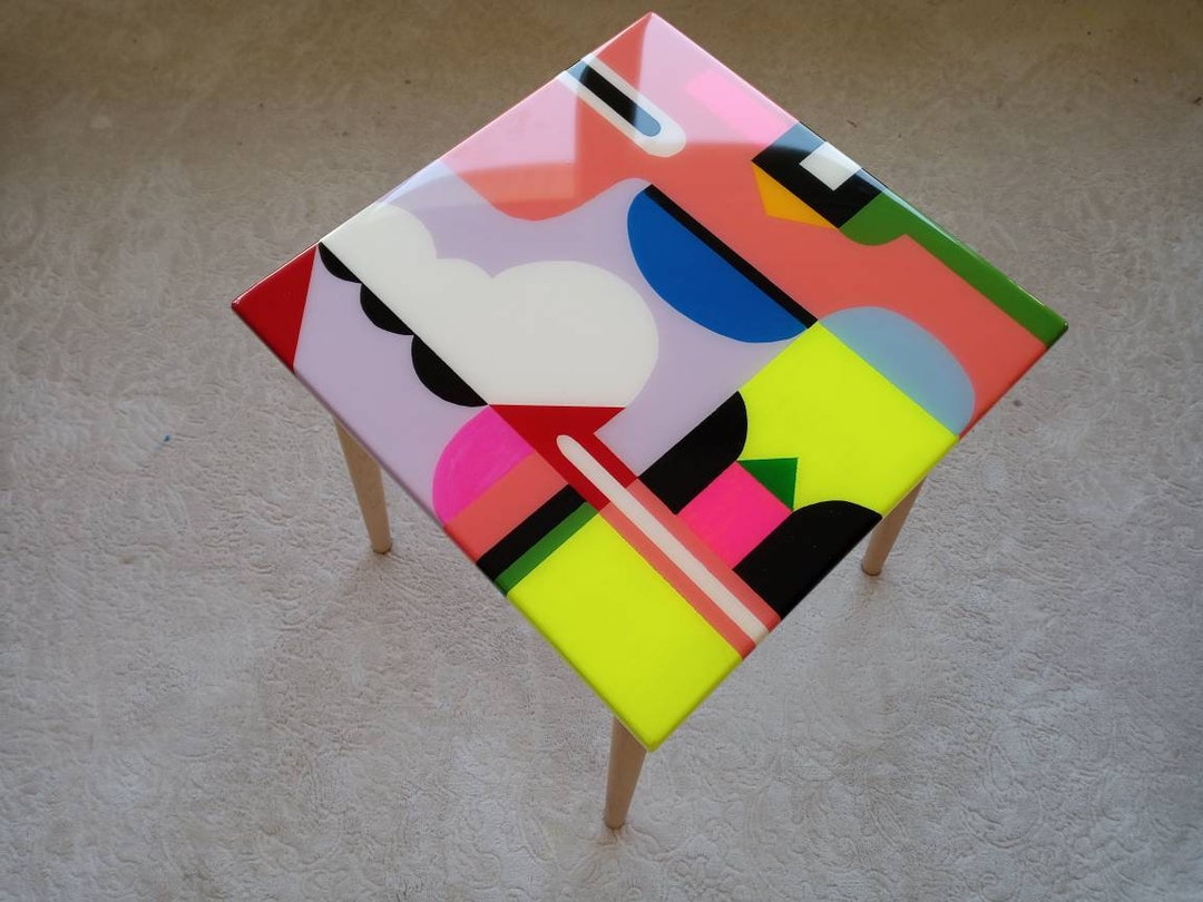 Colorful Wooden Resin Funky Side Coffee Table, Modern Handmade Cool ...