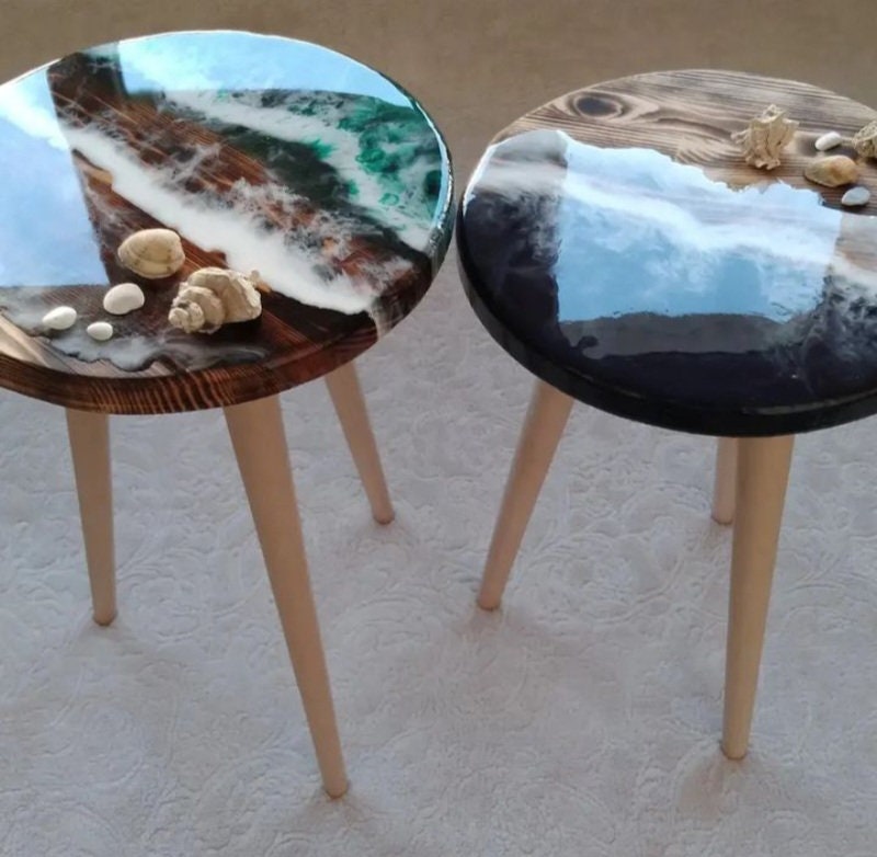 Round Small Ocean Resin Side Tables Unique Green Wood Beach - Etsy