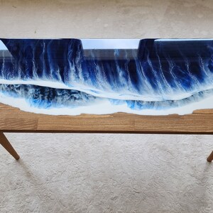 Natural Ocean Wave Blue Epoxy Resin Side Table, Wooden Beach Themed ...
