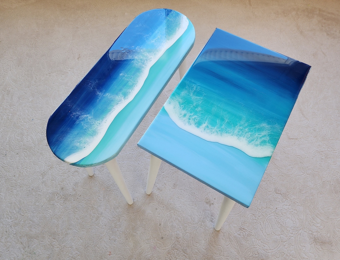 Oval Small Resin Ocean Wave Beach Side Coffee Tables, Modern Blue ...