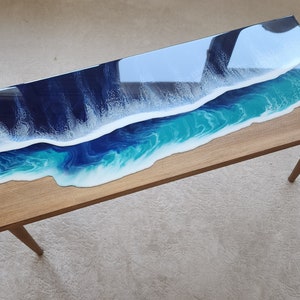 Natural Ocean Wave Blue Resin Beach Side Table, Wooden Sea Themed ...