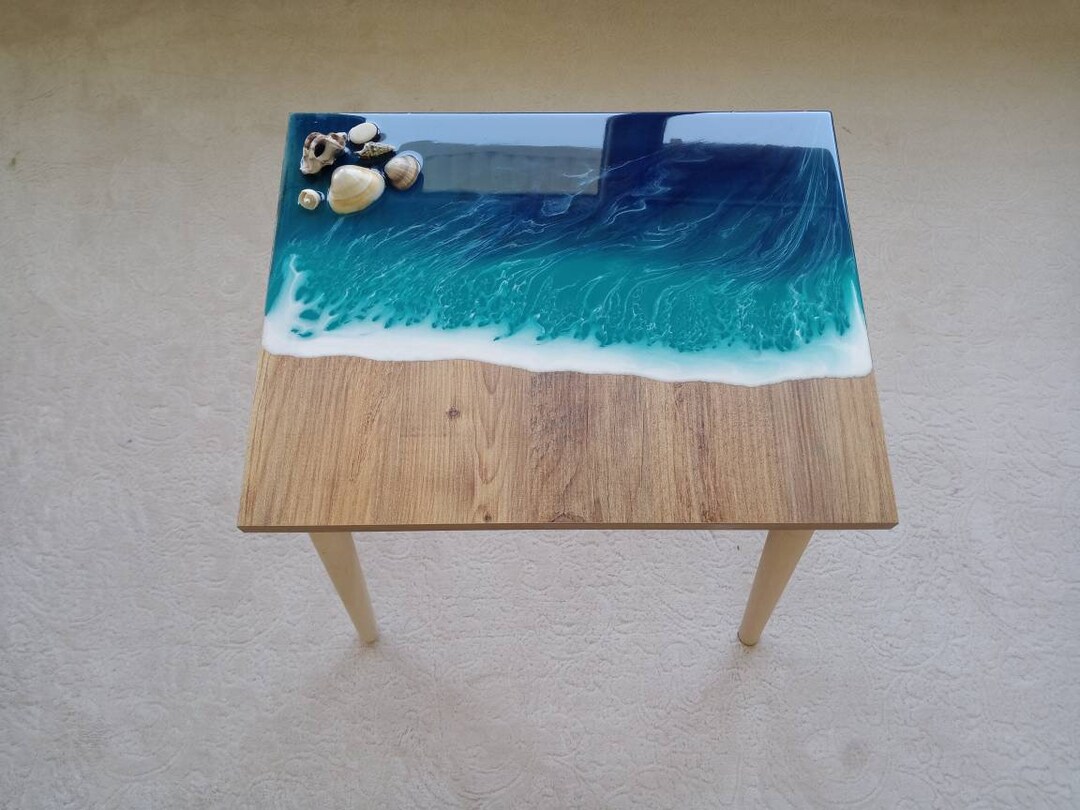 Wooden Cute Ocean Wave Side End Resin Coffee Table,nautical Beachy Home ...