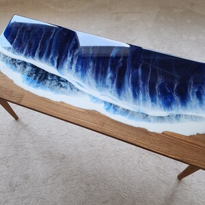 Natural Ocean Wave Blue Epoxy Resin Side Table, Wooden Beach Themed ...