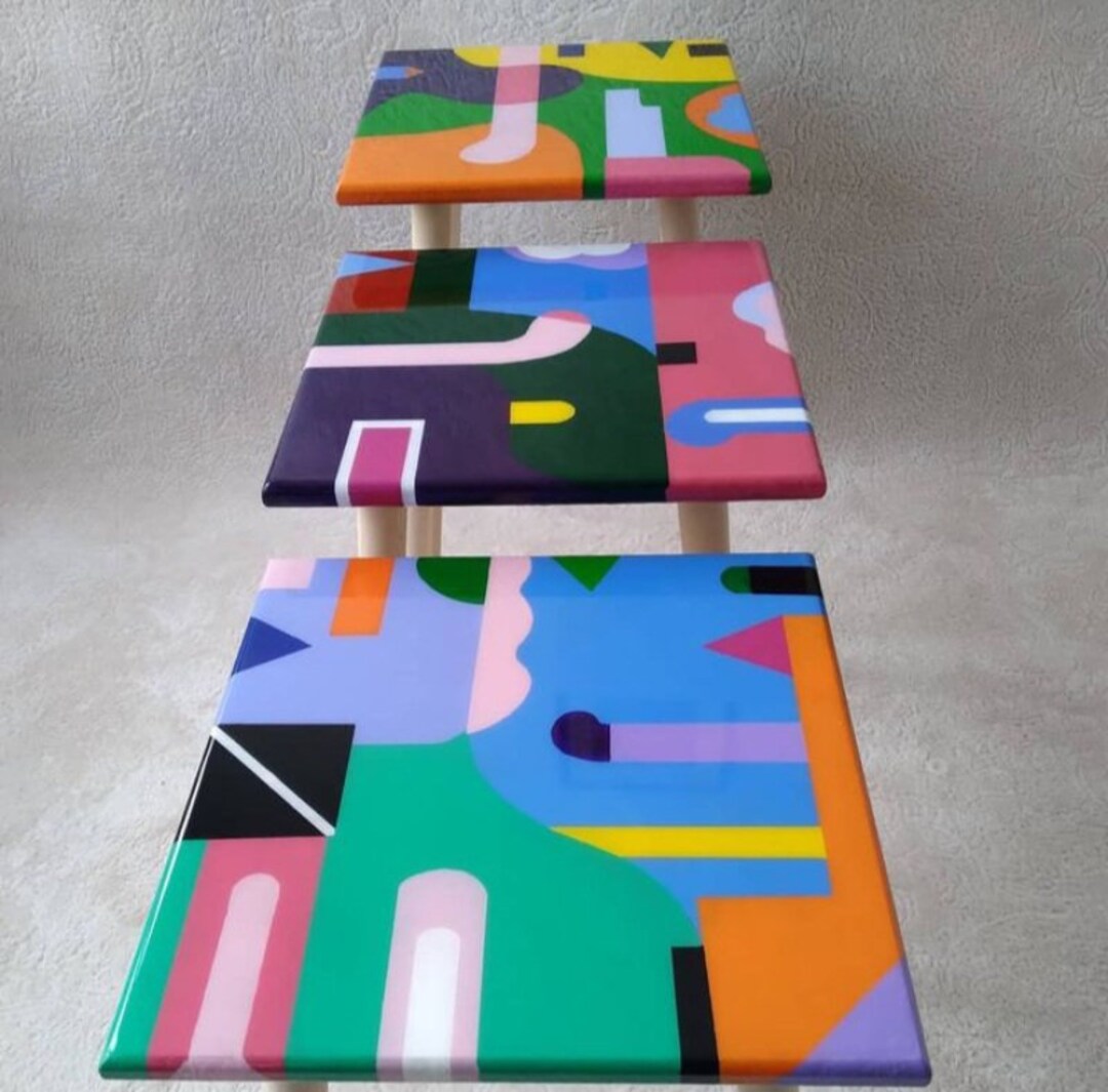 Small Unique Epoxy Resin Art Side Tables,colorful Orange Pink Wood ...