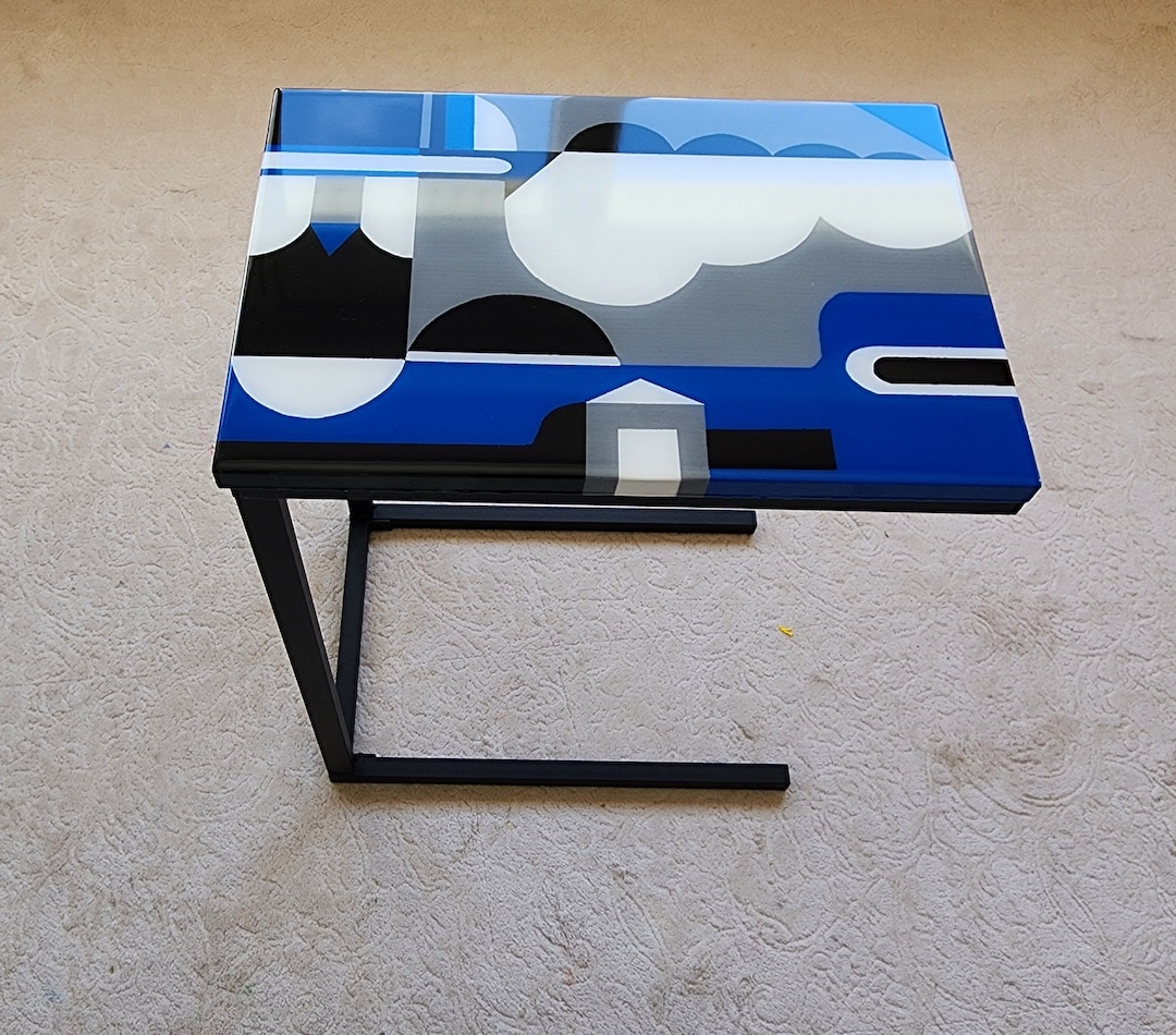 Wooden C Shape Blue Laptop Stand Resin Couch Art Table, Colorful Side ...