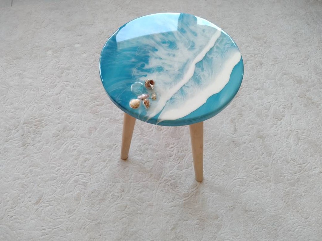 Unique Blue Ocean Wave Resin Side Coffee Table, Modern Natural Wooden ...