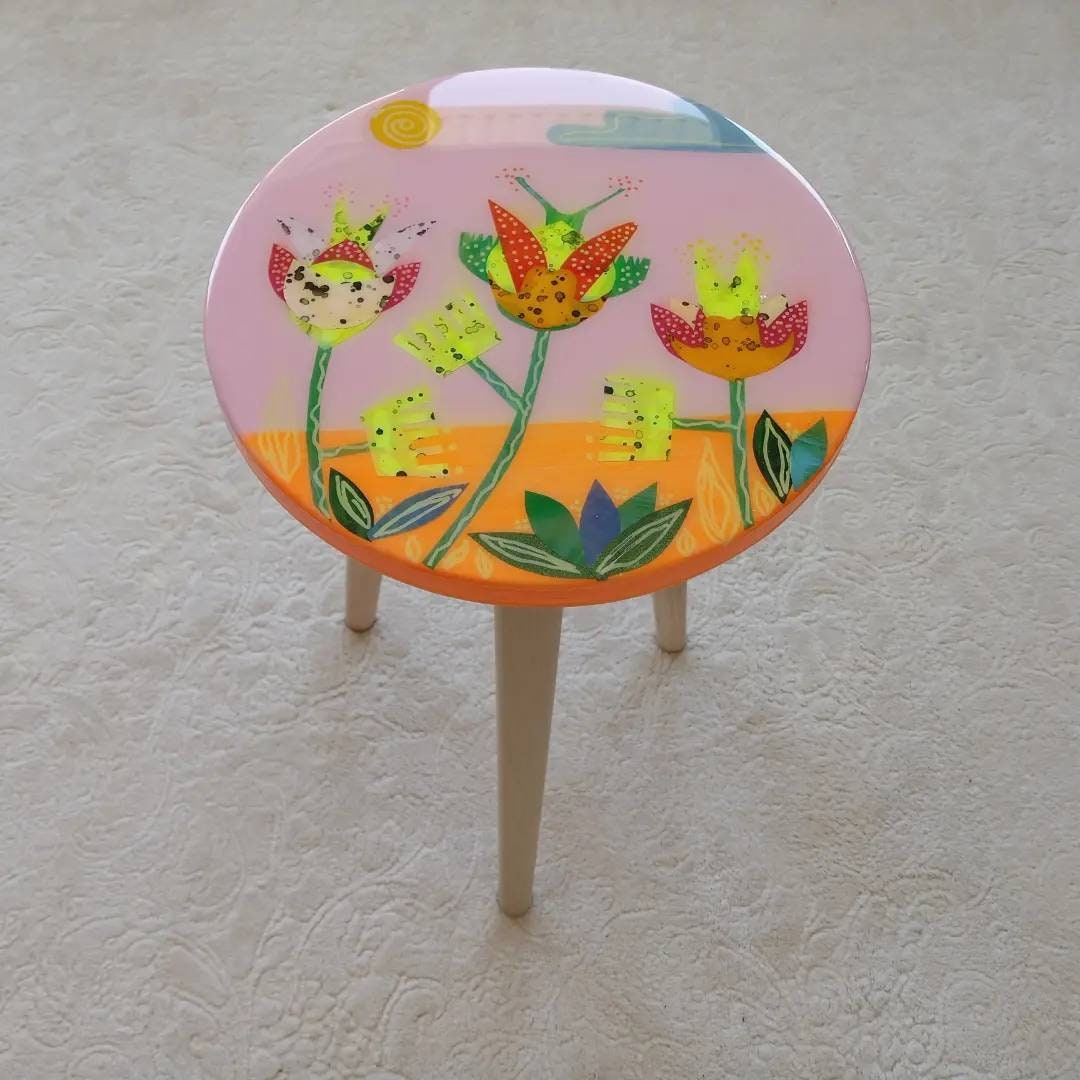 Small Wooden Resin Side Coffee Table, Paper Collage Epoxy Modern Pink ...