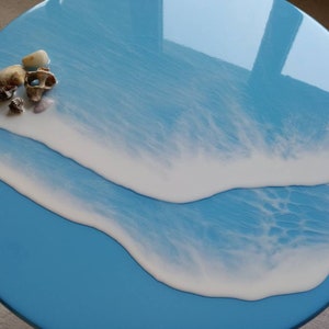 Beach House Blue Ocean Wave Side Coffee Table, Round Natural Wooden ...