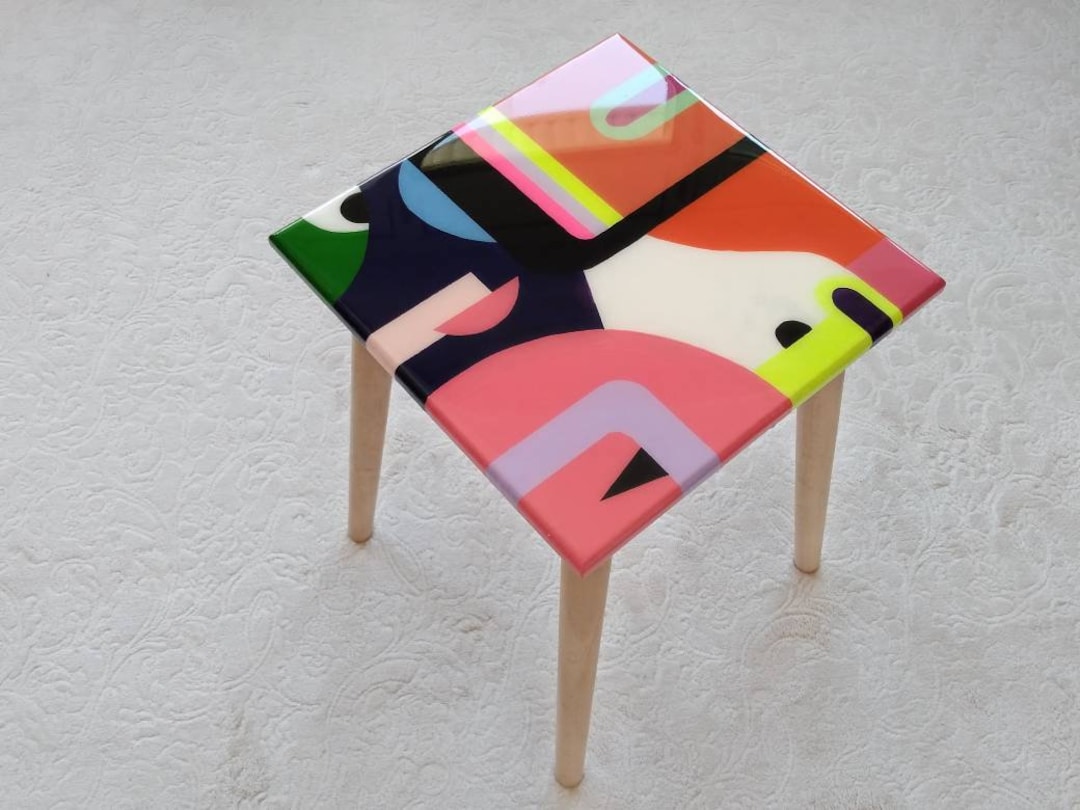 Small Abstract Colorful Resin Side End Coffee Table, Modern Mid Century ...