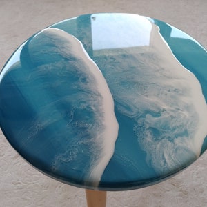 Round Small Resin Ocean Wave Coffee Table, Modern Blue Wooden Wood Side ...