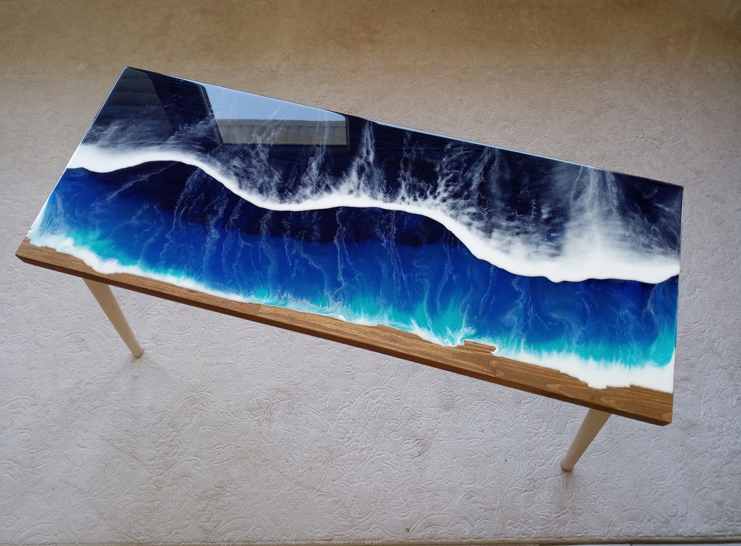 Wooden Beach Themed Ocean Wave Resin Side Table,blue Living Room ...