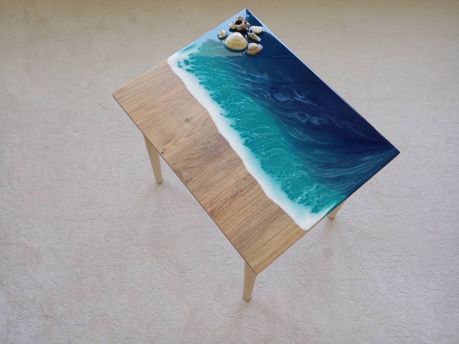 Wooden Cute Ocean Wave Side End Resin Coffee Table,nautical Beachy Home ...