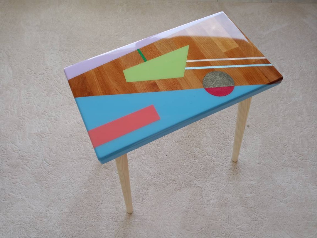 Small Bedside Narrow Resin Side Coffee Table, Unique Wood Wooden Blue ...