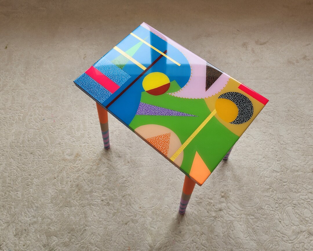 Abstract Blue Funky Pop Art Side Table, Geometric Modern Eclectic ...