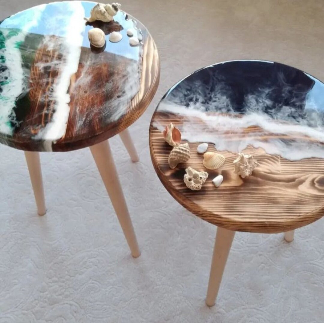 Round Small Ocean Resin Side Tables, Unique Green Wood Beach House ...