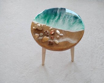 Round Ocean Wave Resin Side Coffee Table Unique Wood Bedside - Etsy