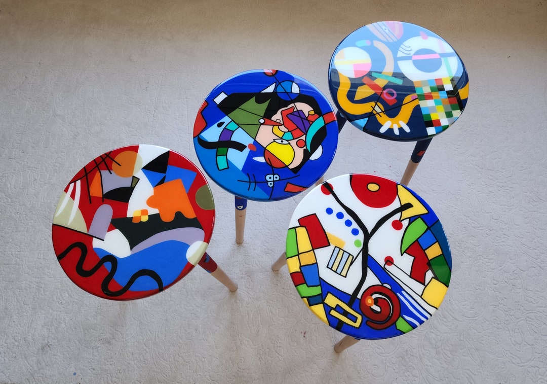 Hand-painted Resin Side Coffee Tables, Colorful Abstract Pop Art Accent ...
