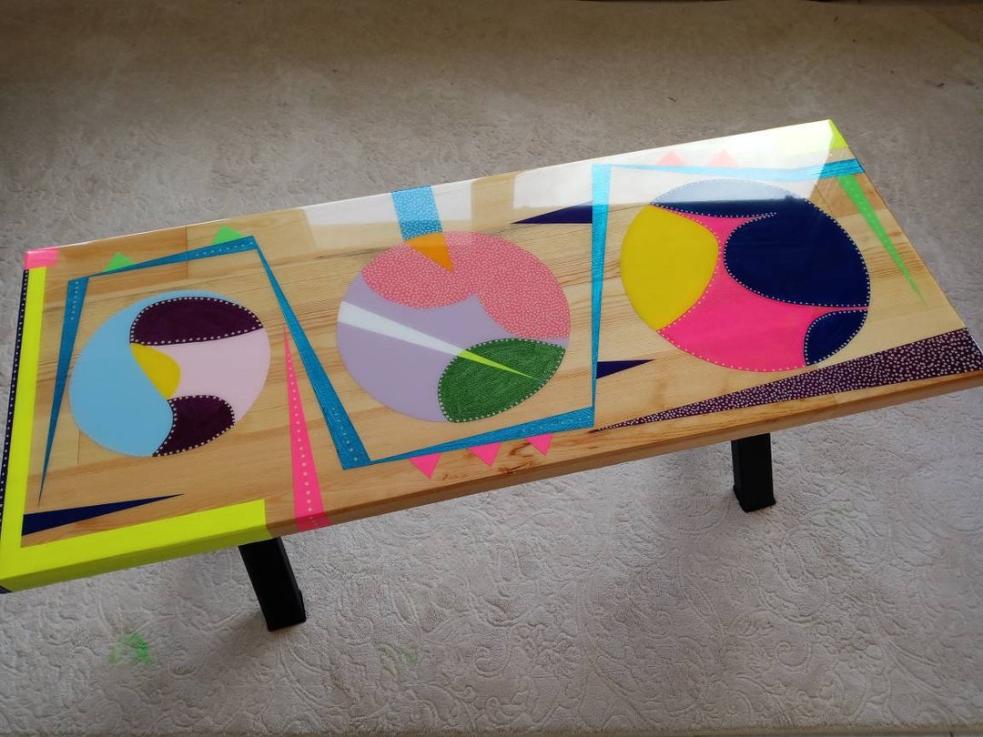 Colorful Funky Abstract Resin Boho Bench, Wooden Living Room Bedroom ...