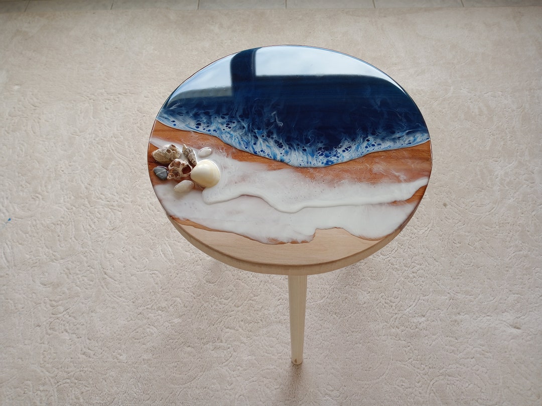 Round Resin Ocean Wave Natural Table, Beach Art Design Modern Small ...