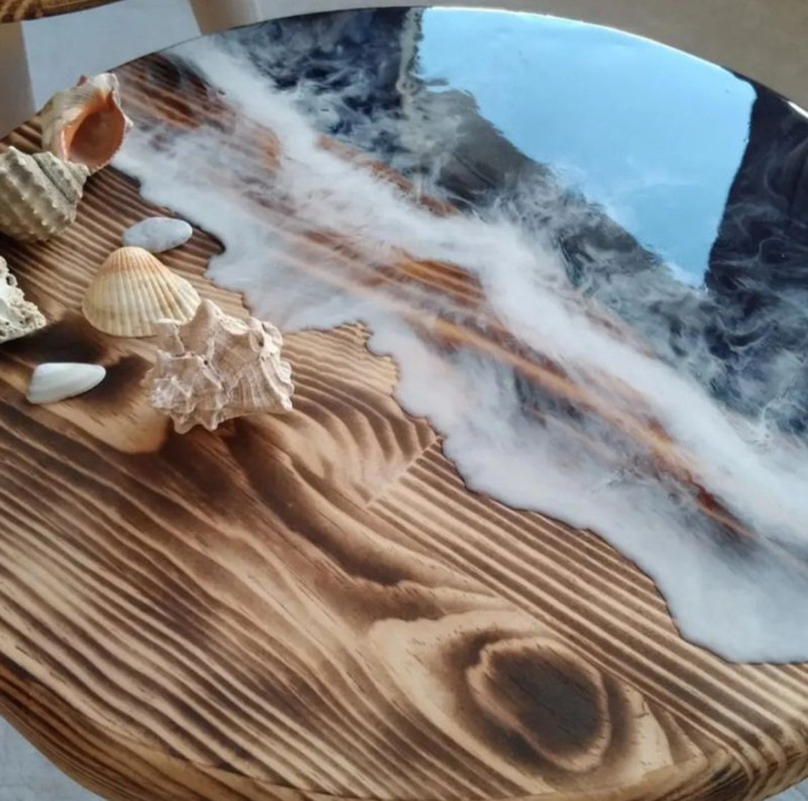 Round Small Ocean Resin Side Tables Unique Green Wood Beach - Etsy