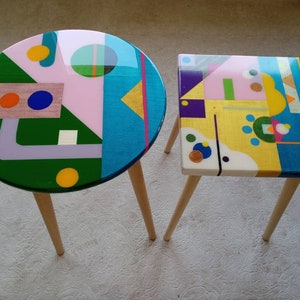 Blue Pink Funky Resin Side End Tables,round Square Unique Wooden Living ...