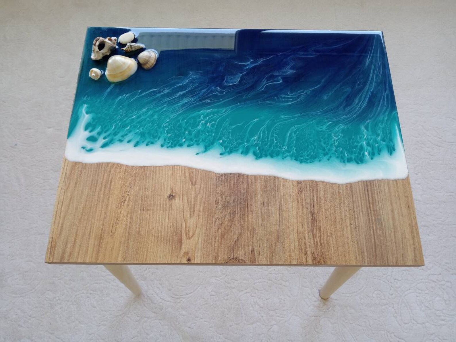 Wooden Cute Ocean Wave Side End Resin Coffee Table,nautical Beachy Home ...