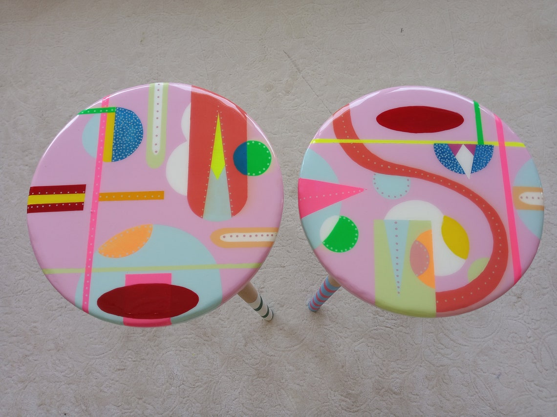 Unusual Pink Funky Colorful Round Side Resin Coffee Tables,geometric ...