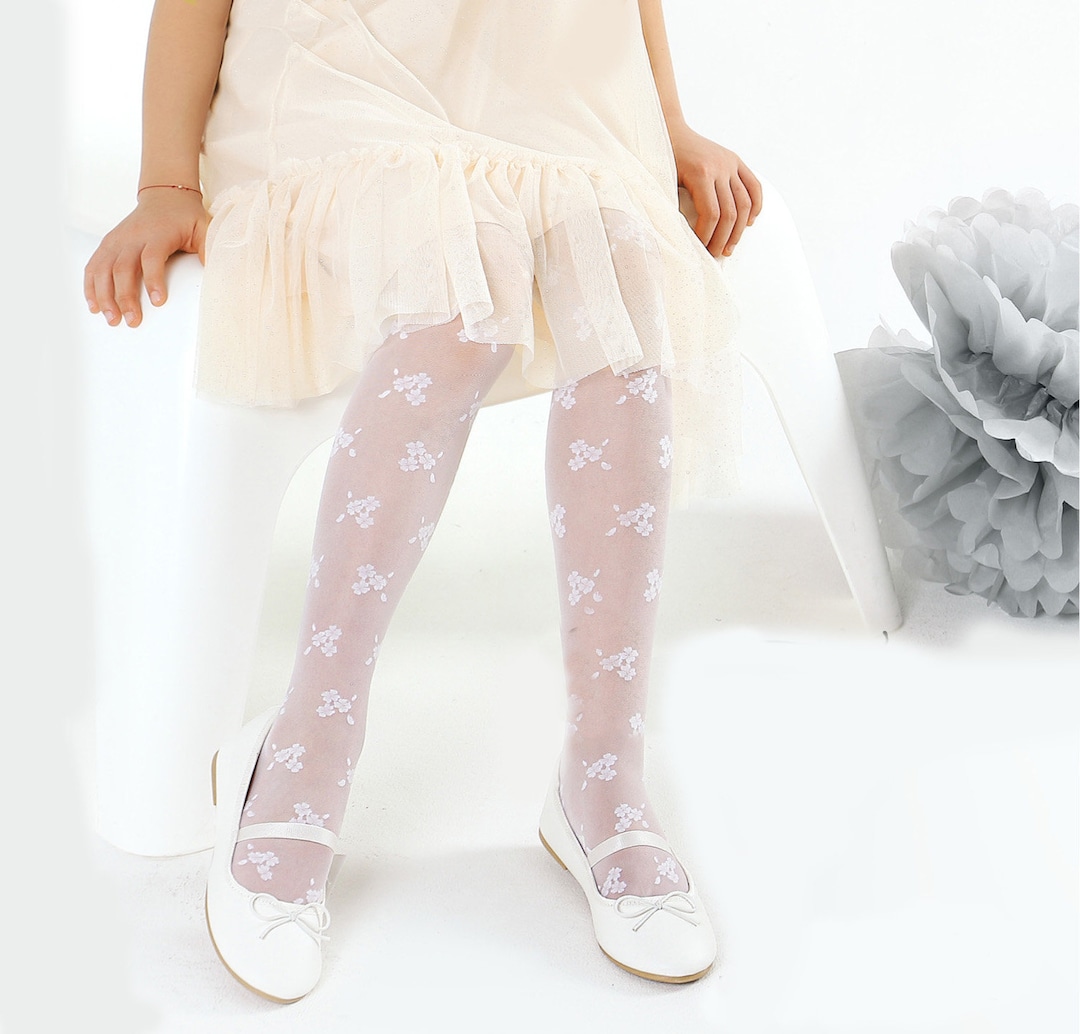 Girls White Patterned Sheer Tights Flower Girl Bridesmaid Wedding First ...