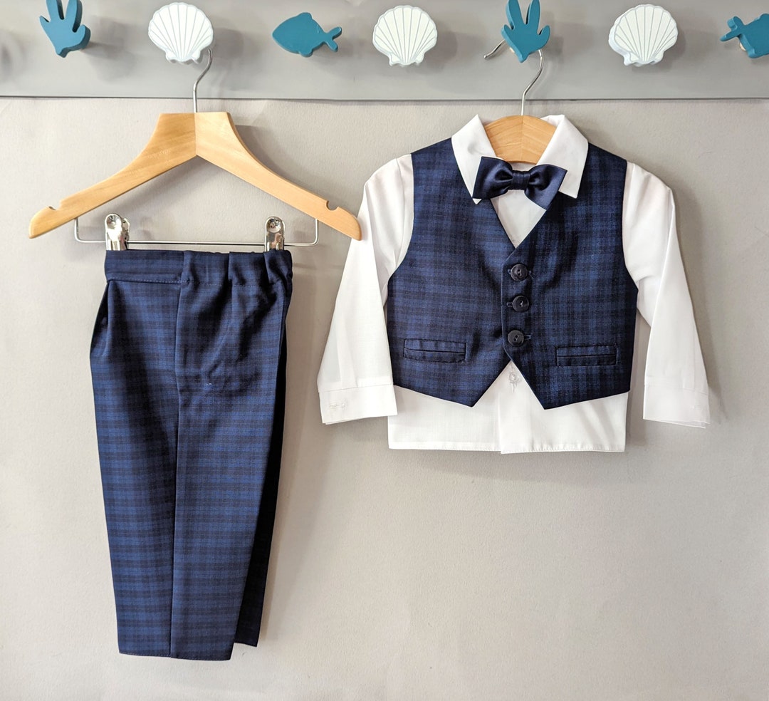 Baby Boys Navy Checker Outfit Smart Set Formal Suit Wedding Christening ...