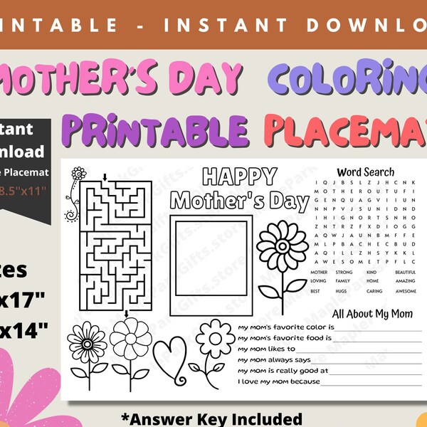 Mother's Day Printable Placemat Coloring Activity Sheet About Mom Kids ...