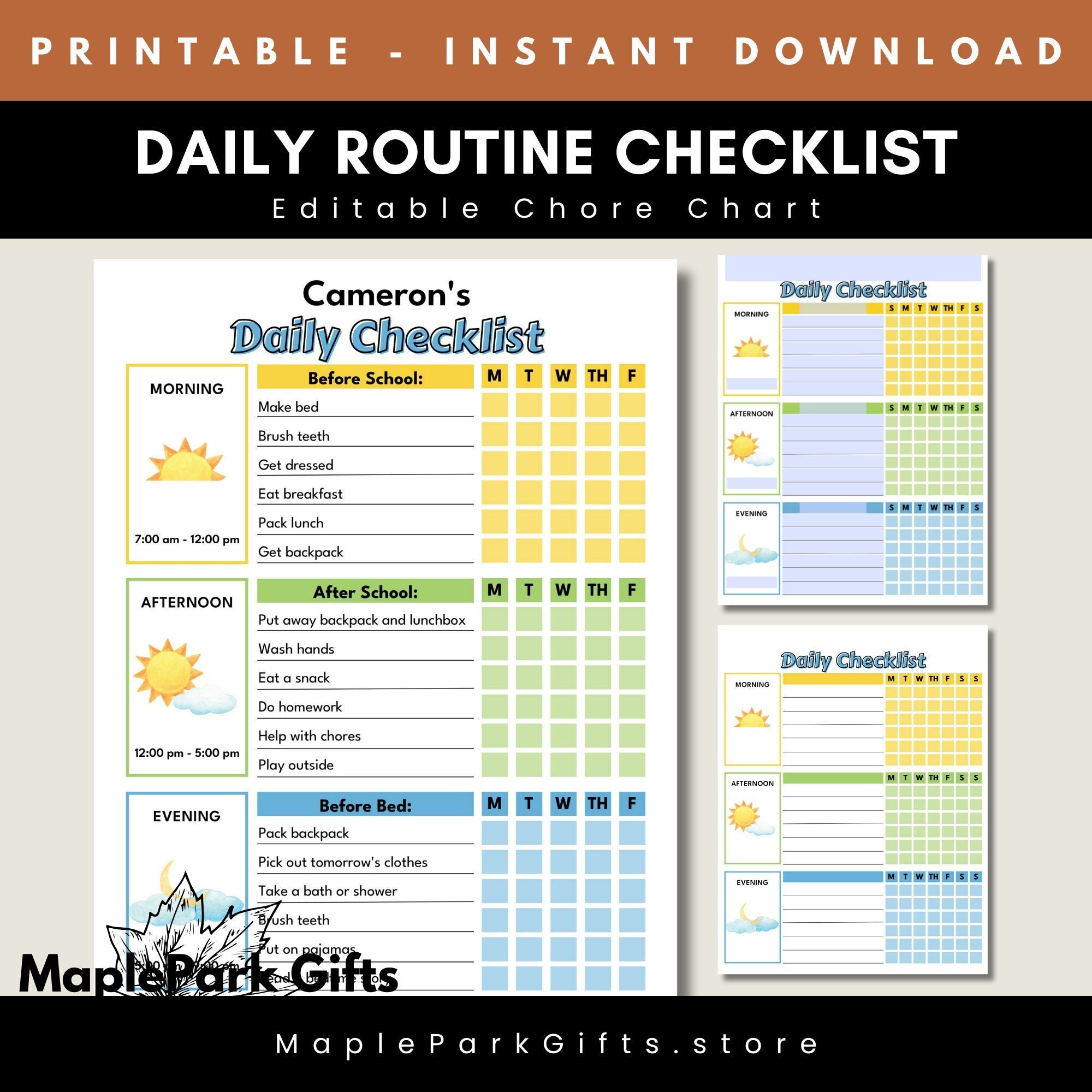 Chores Checklist Printable Daily Routine Chart for Kids Editable ...