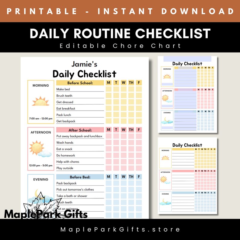 Chores Checklist Printable Daily Routine Chart for Kids Editable ...