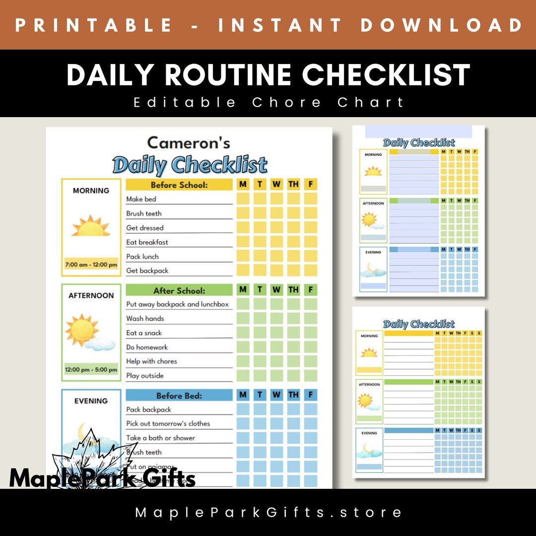Chores Checklist Printable Daily Routine Chart for Kids Editable ...