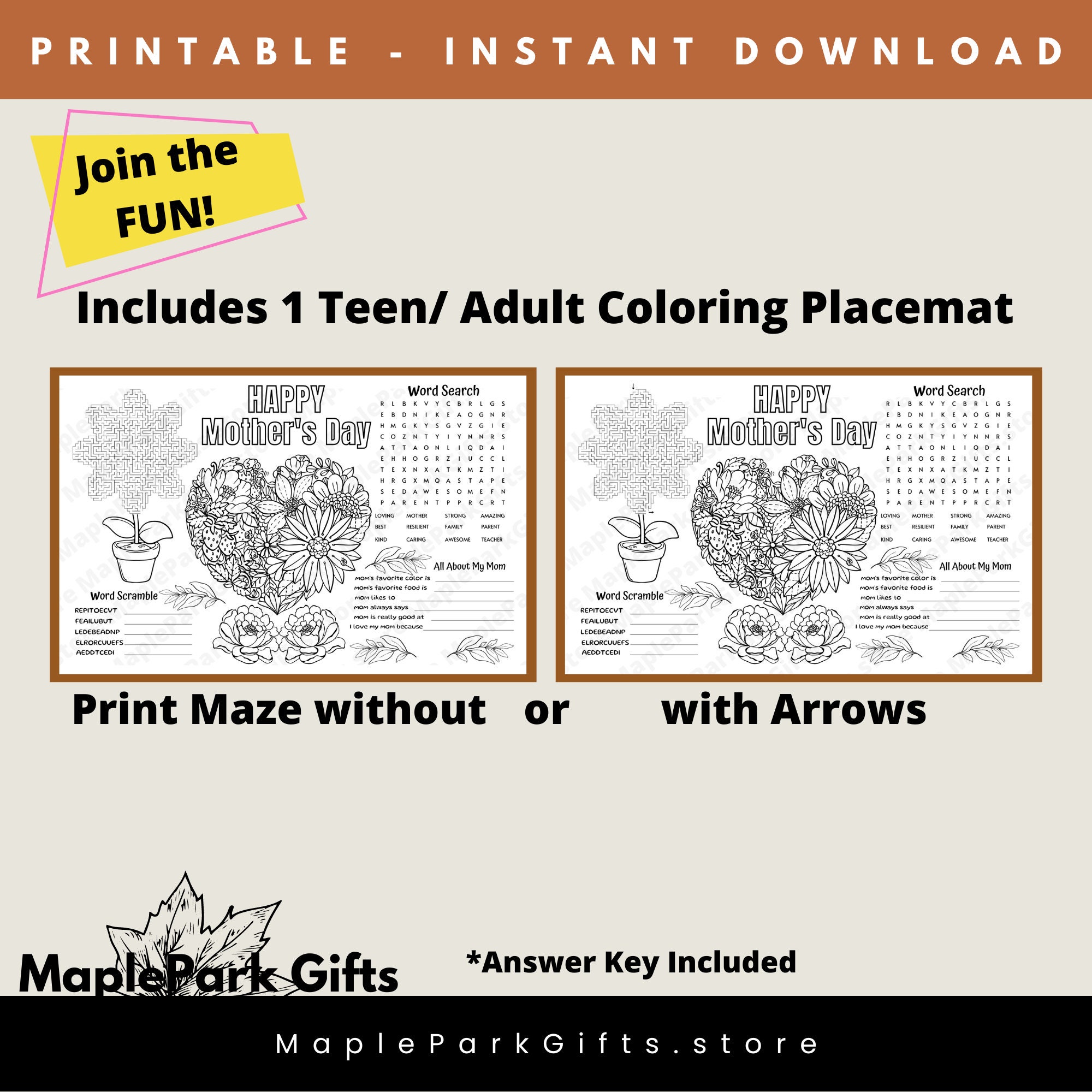 Mother's Day Printable Placemat Coloring Activity Sheet Bundle | Kids ...