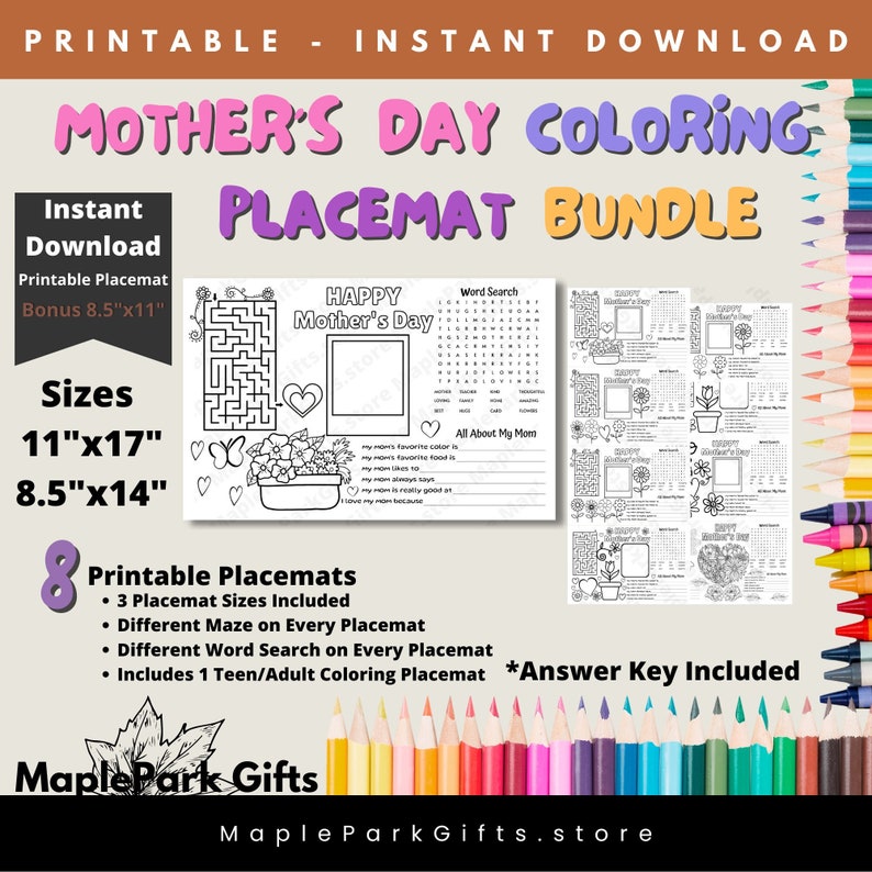 Mother's Day Printable Placemat Coloring Activity Sheet Bundle | Kids ...
