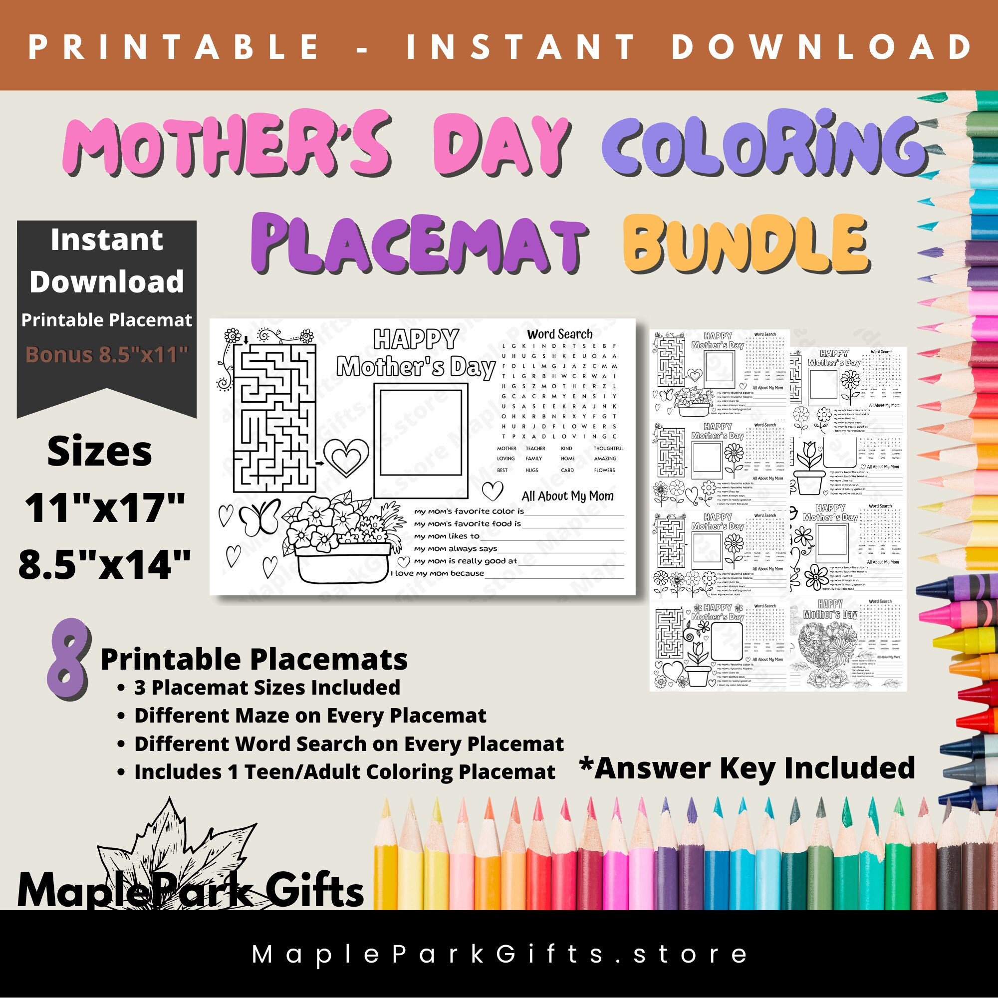 Mother's Day Printable Placemat Coloring Activity Sheet Bundle | Kids ...