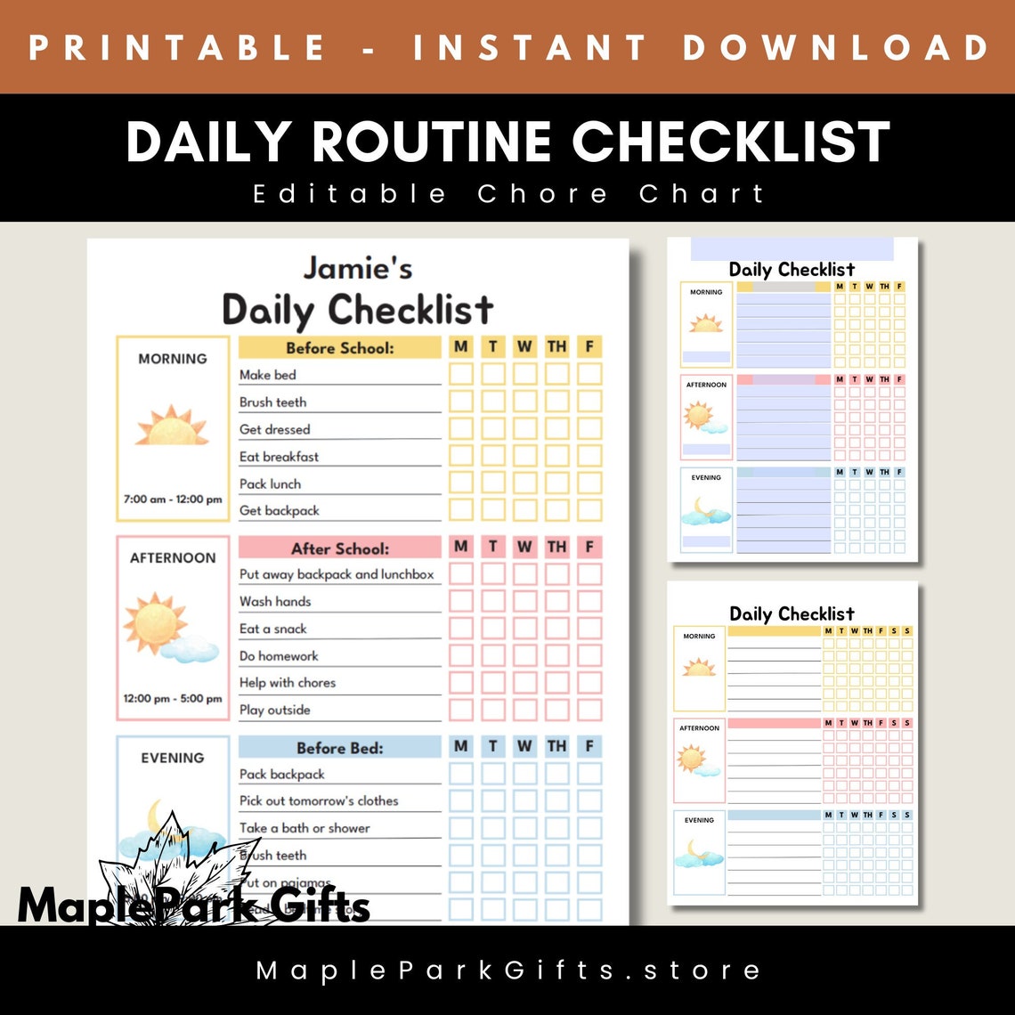 Chores Checklist Printable Daily Routine Chart for Kids | Editable ...