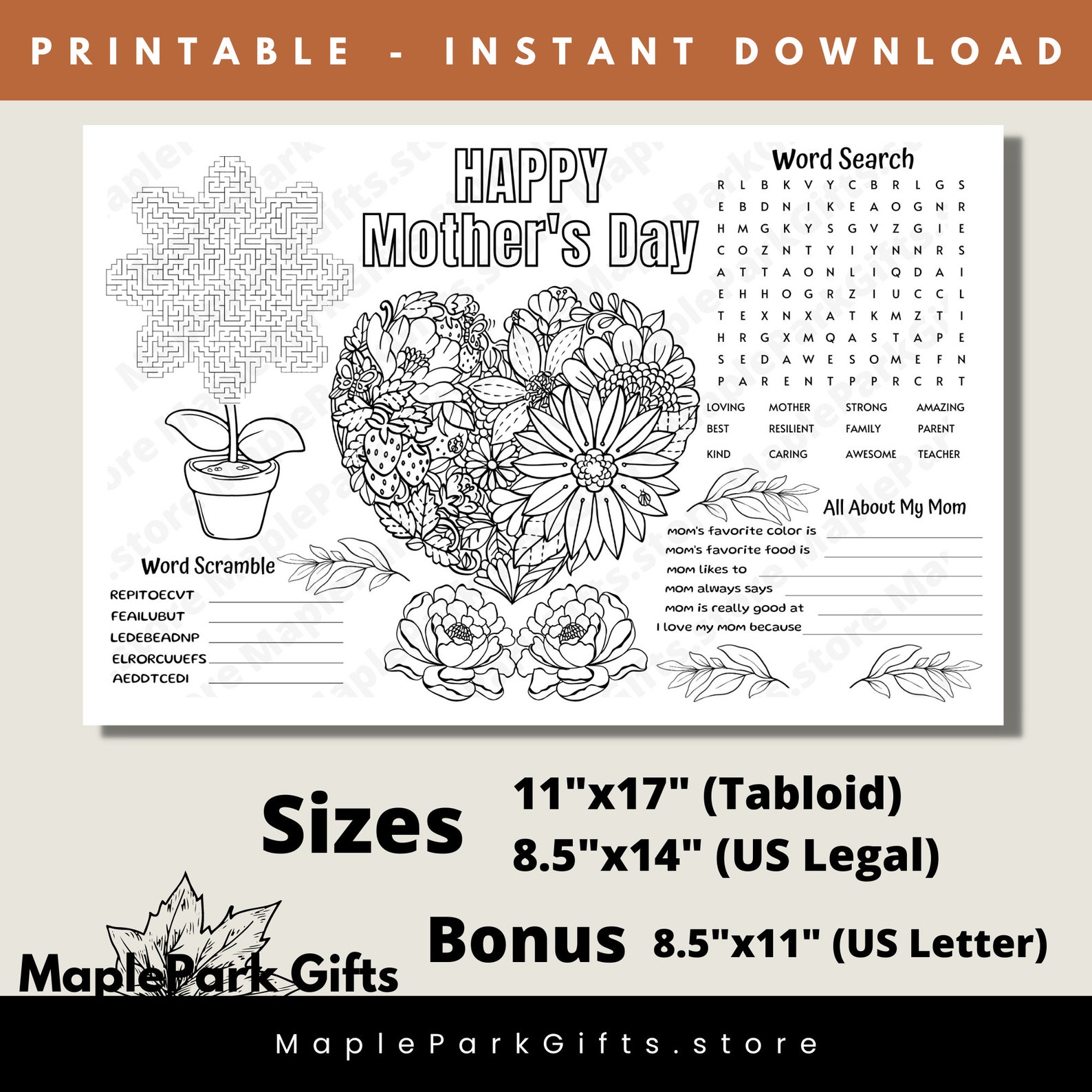 Mother's Day Printable Placemat Coloring Activity Sheet | About Mom ...