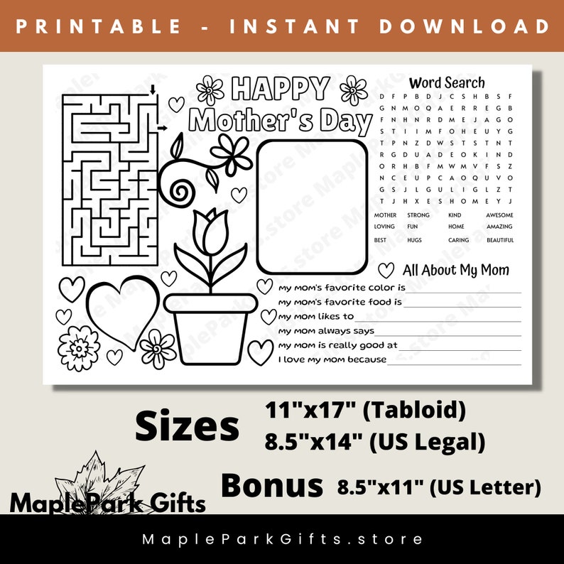 Mother's Day Printable Placemat Coloring Activity Sheet | About Mom ...