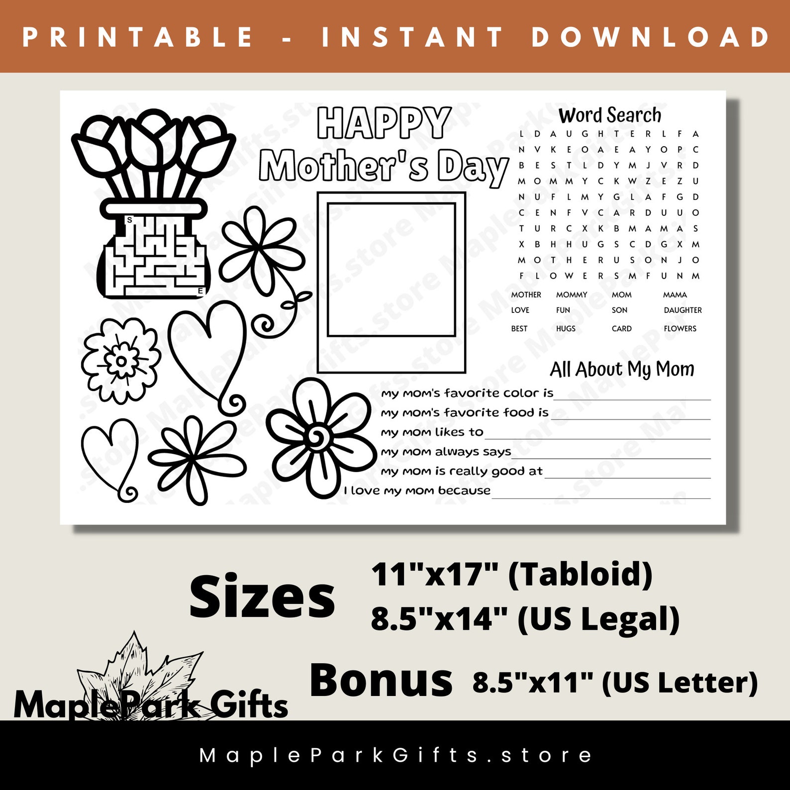 Mother's Day Printable Placemat Coloring Activity Sheet | About Mom ...