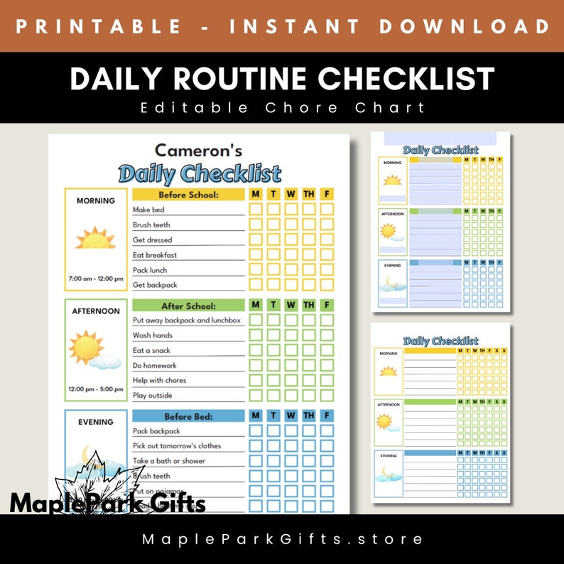 Chores Checklist Printable Daily Routine Chart for Kids | Editable ...
