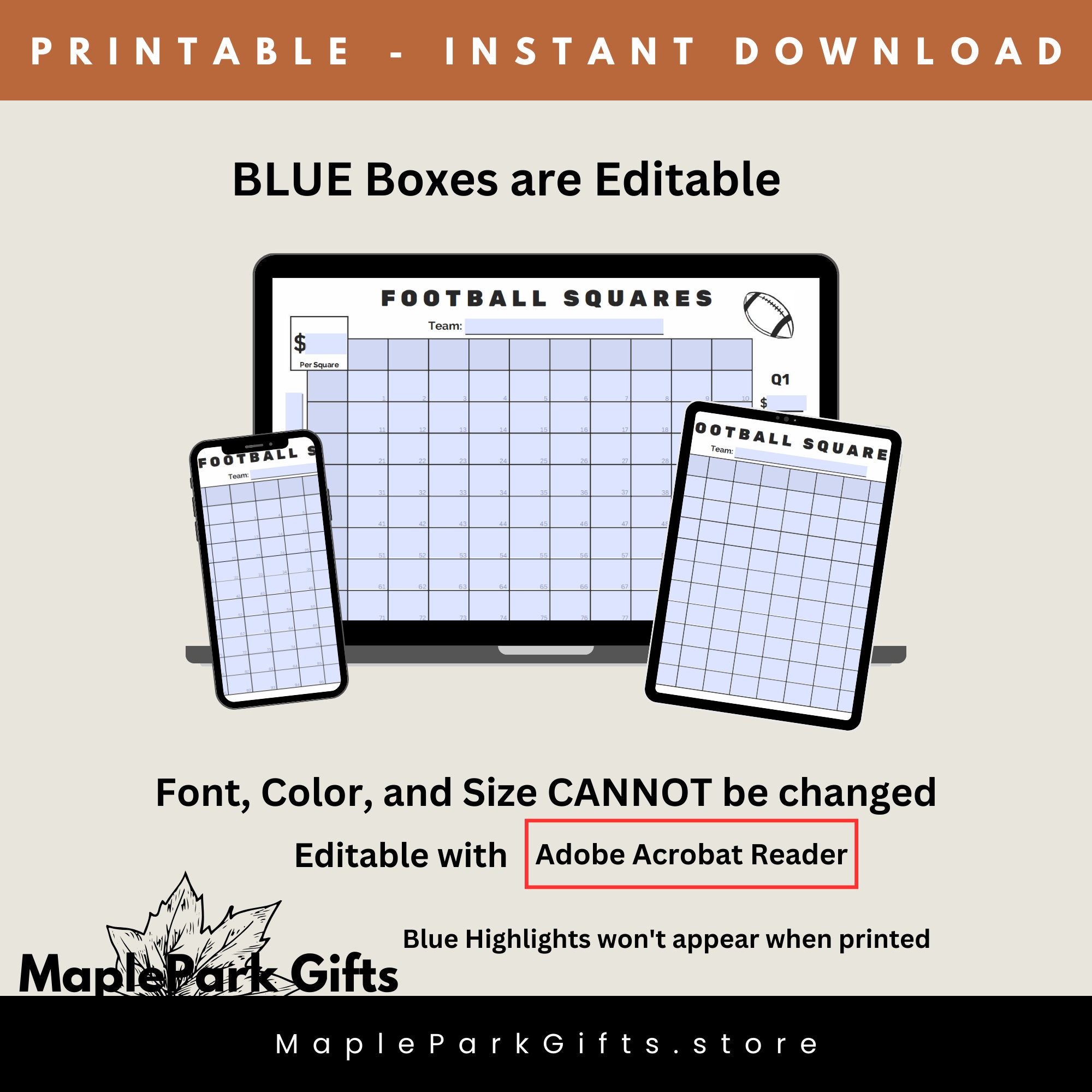 Football Squares Printable | Editable Squares Numbered | Template 100 ...
