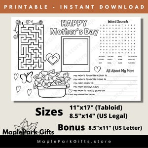 Mother's Day Printable Placemat Coloring Activity Sheet Bundle | Kids ...