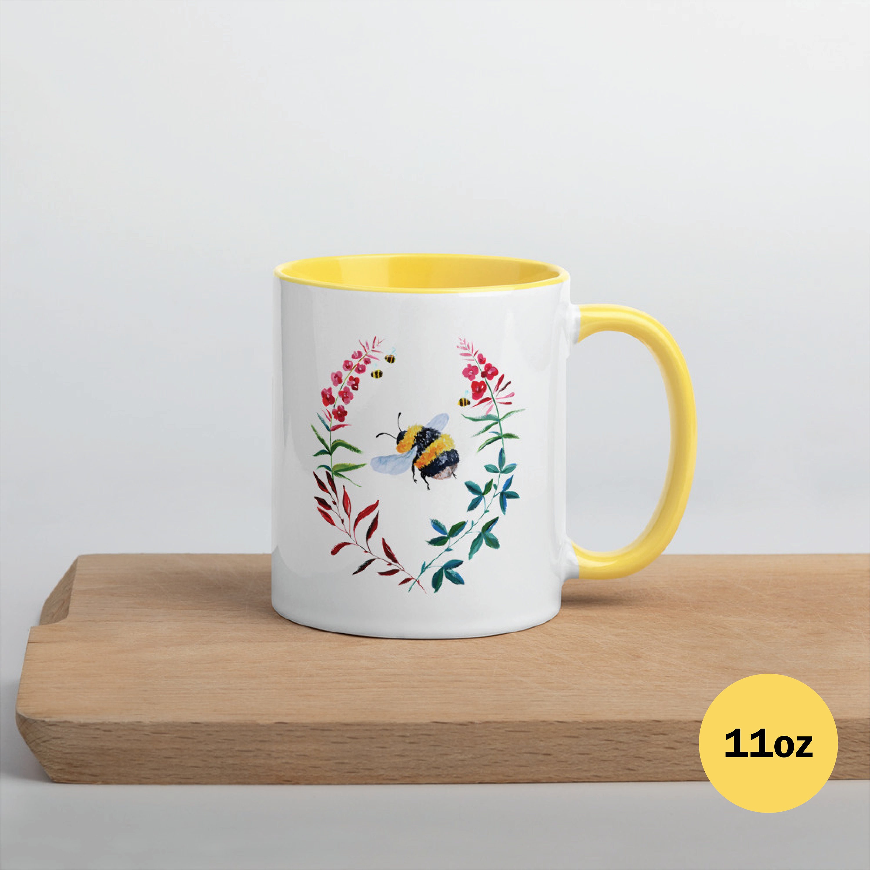 Bee Botanical Ceramic Mug With Color Inside, Bumble Bee Tea Cup, Bee ...