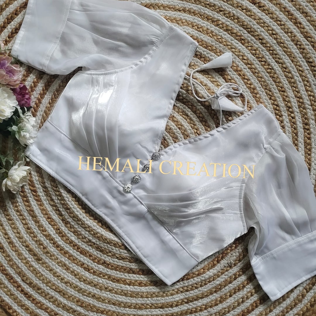 Celebrity Deep V Cut Blouse Designer Puff Sleeves Organza Silk Fabric ...