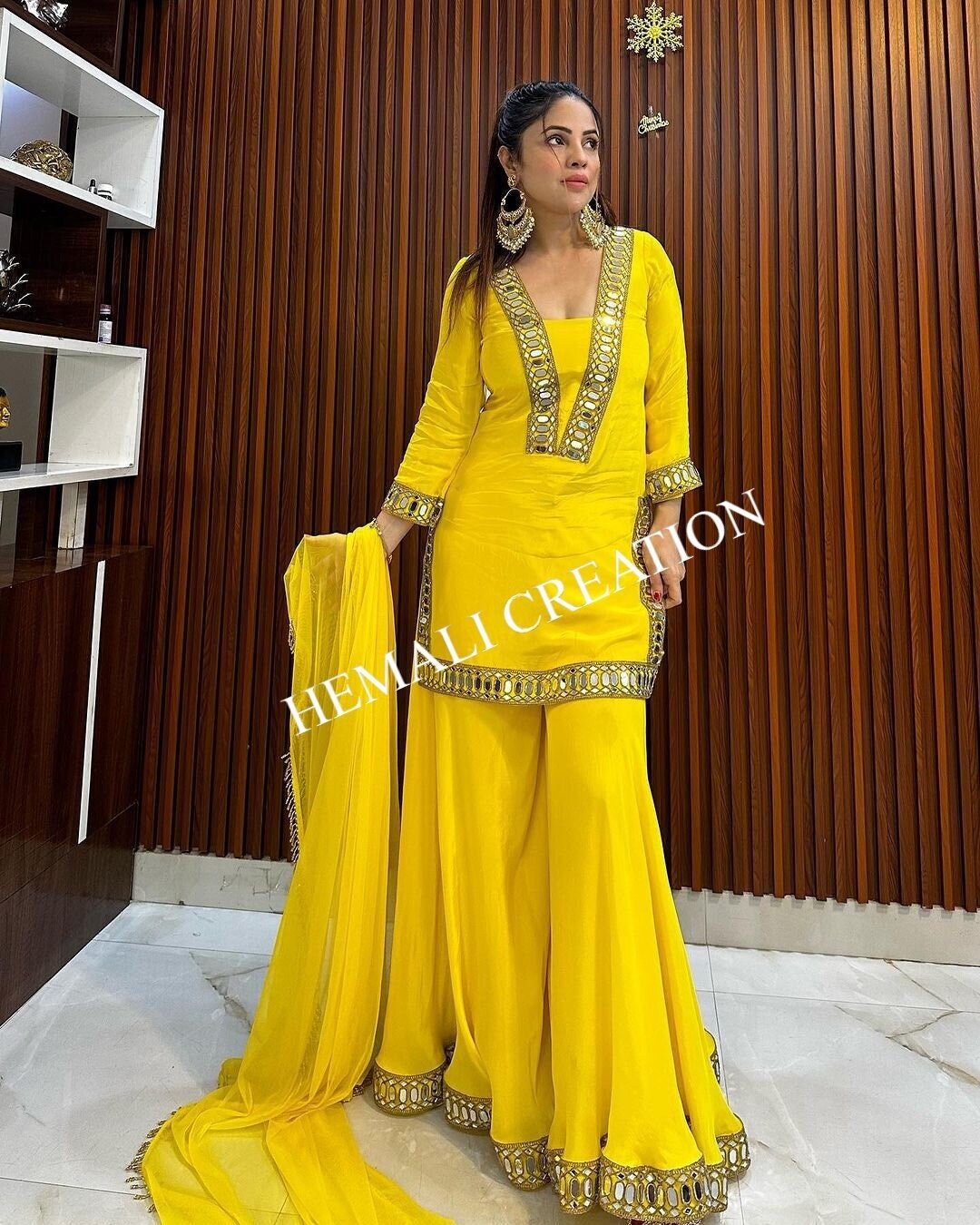 Real Mirror Work Designers Yellow Sharara, Haldi Outfit, Ready to Wear ...