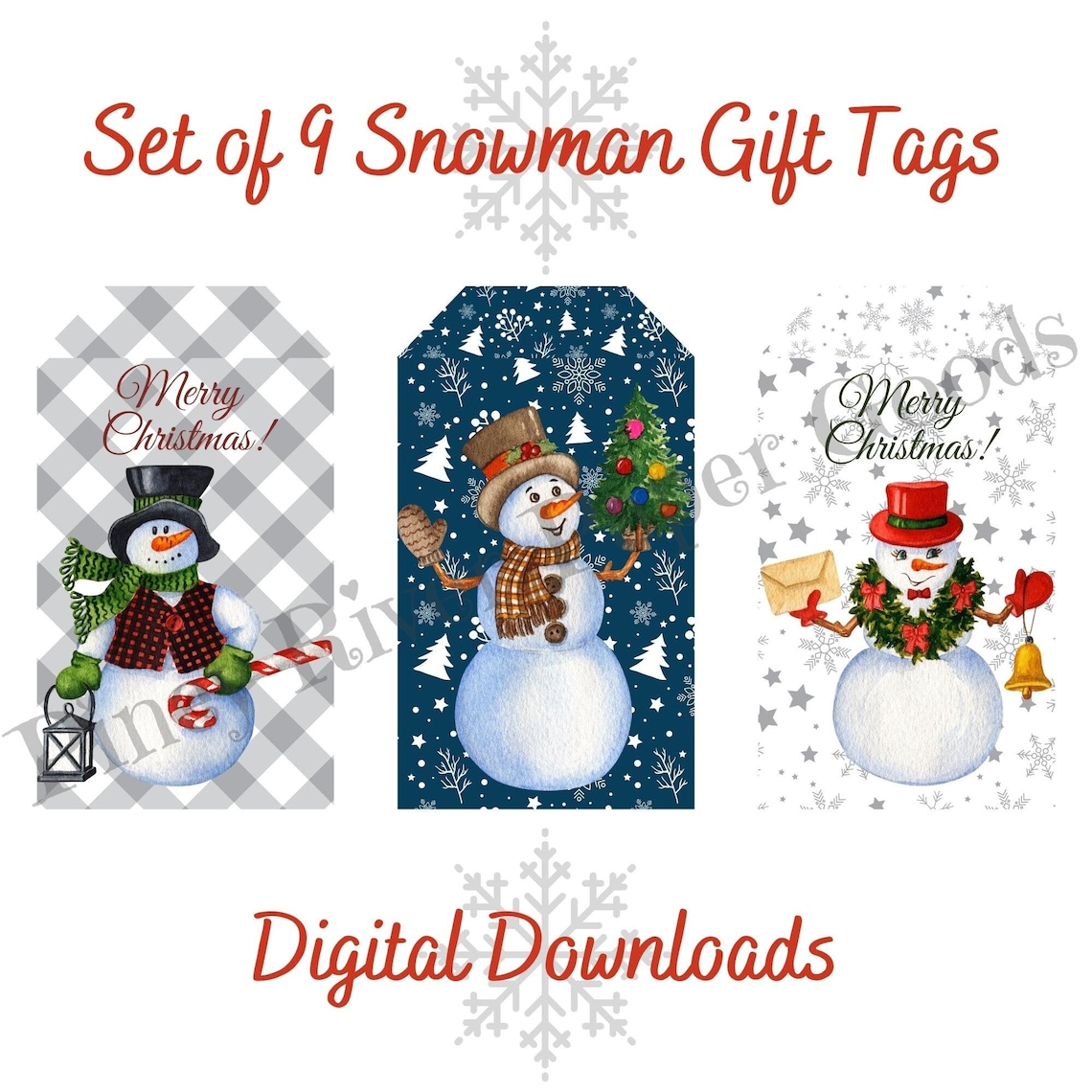 Snowman Gift Tags, Set of 9, Printable Gift Tags, Snowman Bag Toppers ...