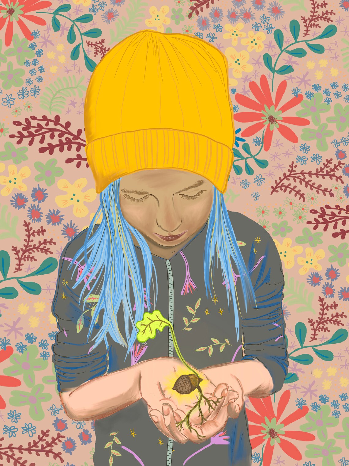 Blue Haired Girl Art Print, Sprouting Acorn, Floral Background - Etsy