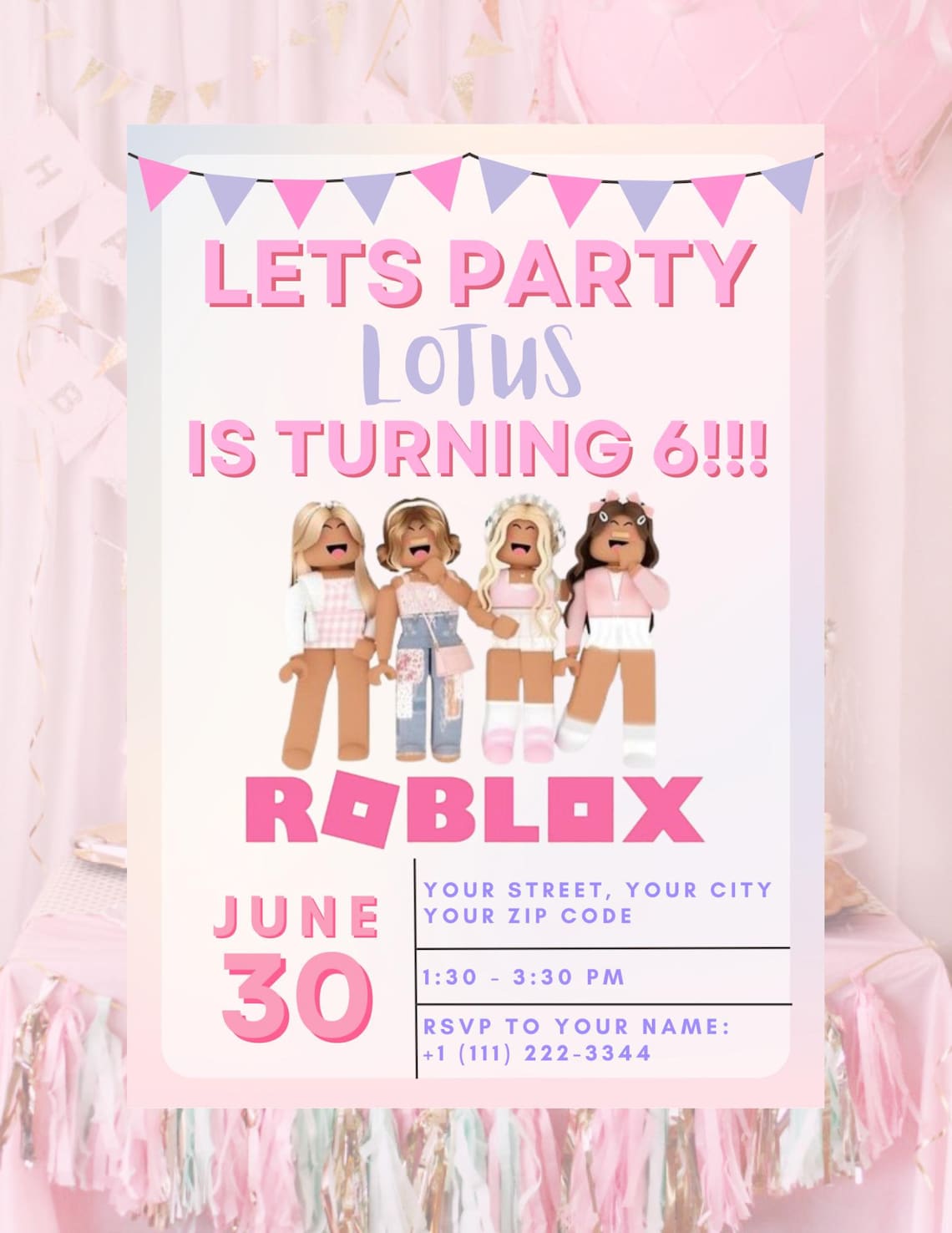 Editable Pink Roblox Birthday Invitation Customizable Pink Roblox Party Invite Girly Roblox